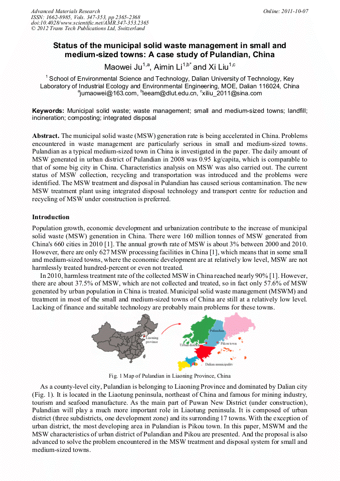 Status of the Municipal Solid Waste Management in Small and Medium ...