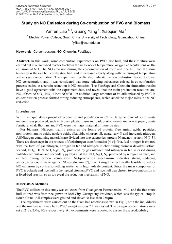 Study on NO Emission during Co-Combustion of PVC and Biomass ...