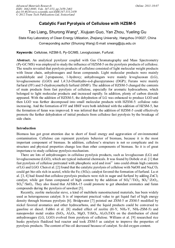 Catalytic Fast Pyrolysis of Cellulose with HZSM-5 | Scientific.Net