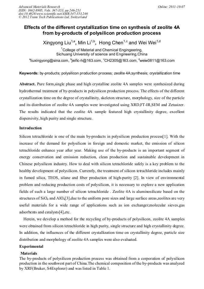 Effects of the Different Crystallization Time on Synthesis of Zeolite ...