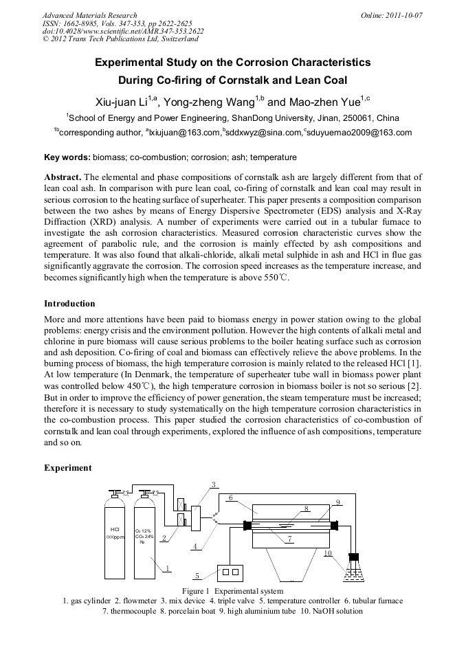Experimental Study on the Corrosion Characteristics during Co-Firing of ...