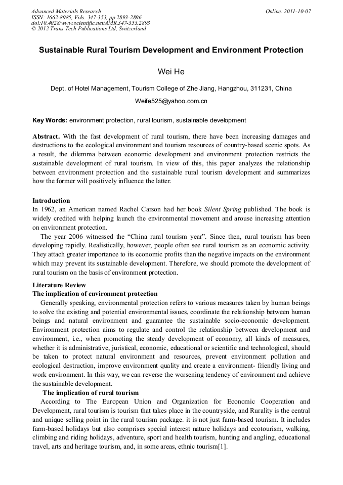 Sustainable Rural Tourism Development and Environment Protection ...