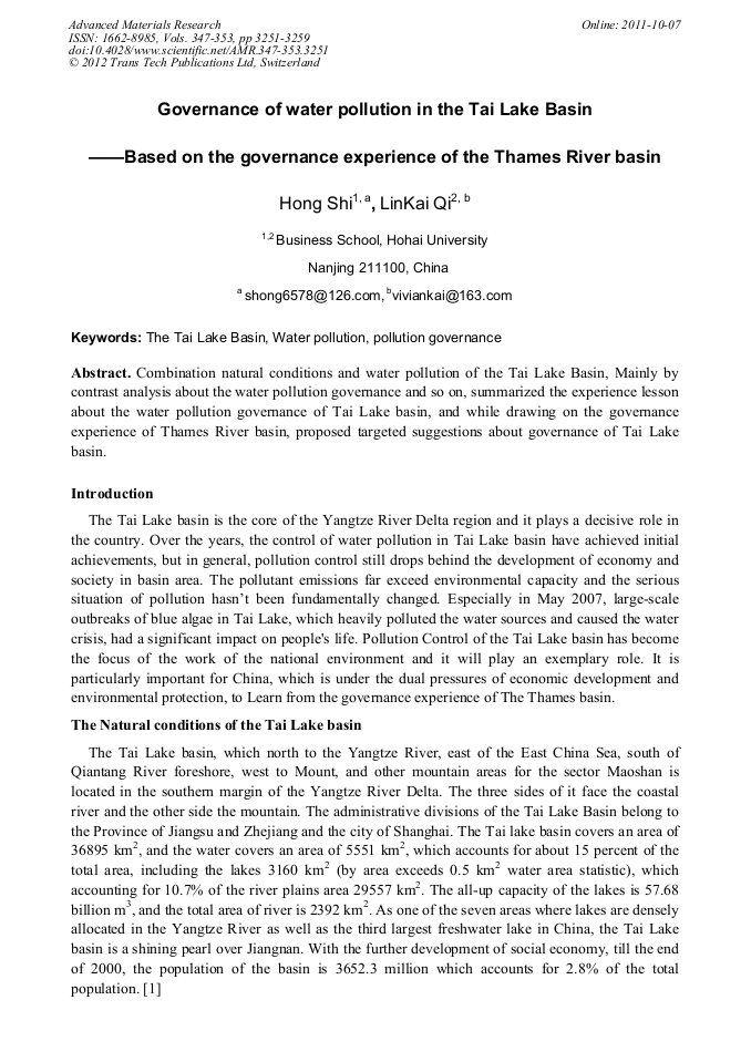 Governance of Water Pollution in the Tai Lake Basin - Based on the ...