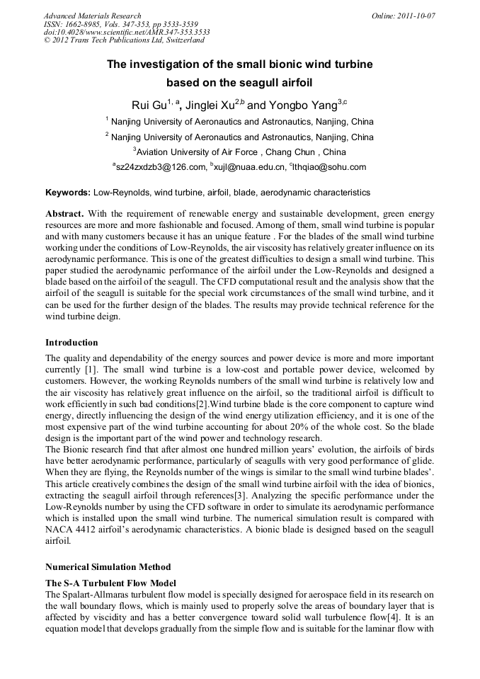 The Investigation of the Small Bionic Wind Turbine Based on the Seagull ...