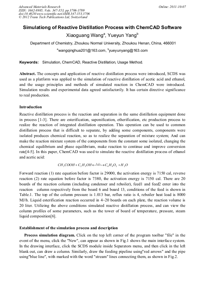 Simulation of Reactive Distillation Process with ChemCAD Software ...