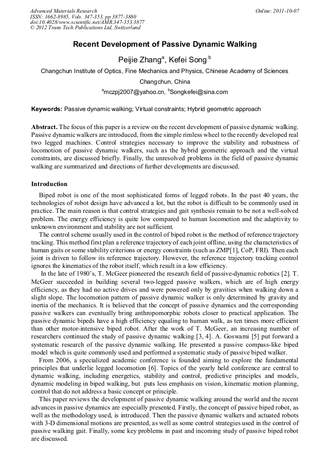 Recent Development of Passive Dynamic Walking | Scientific.Net