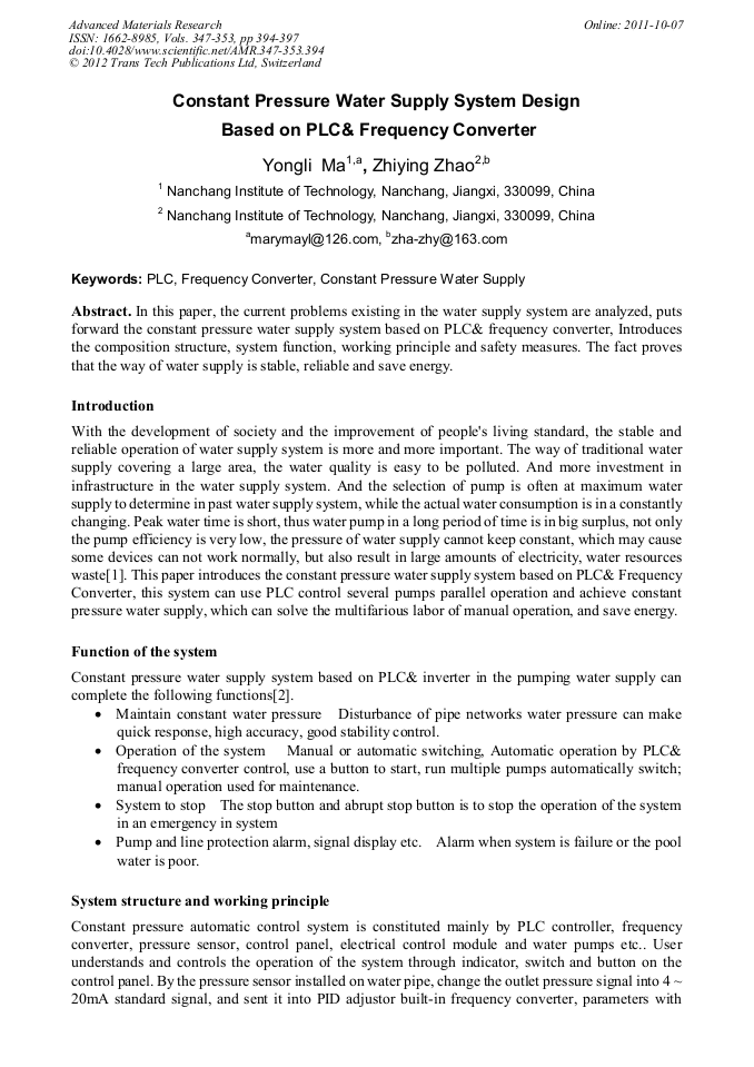 Constant Pressure Water Supply System Design Based on PLC & Frequency ...