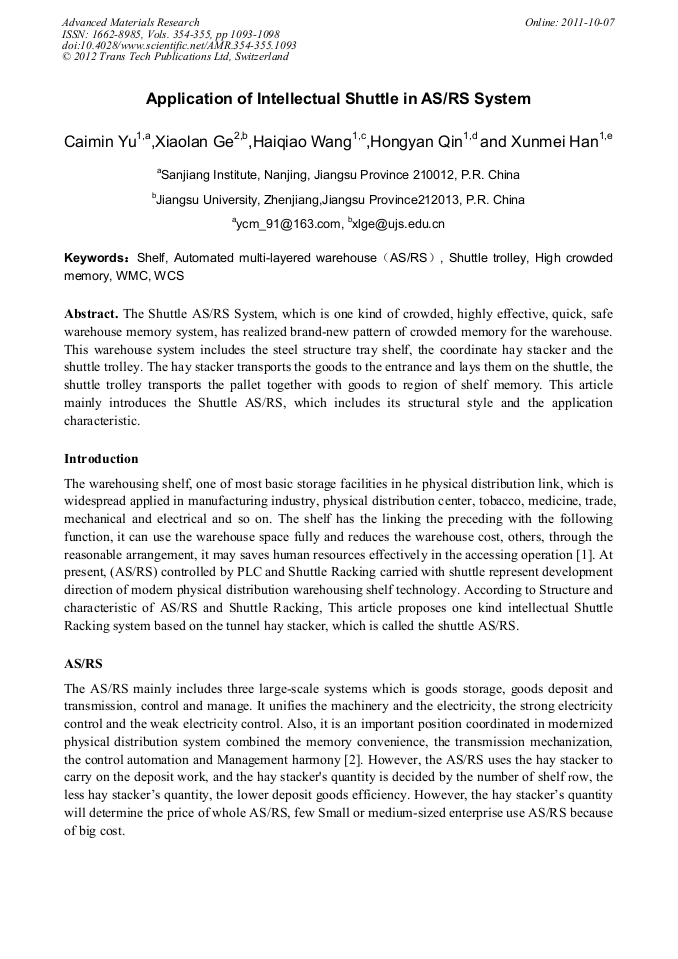 Application of Intellectual Shuttle in AS/RS System | Scientific.Net