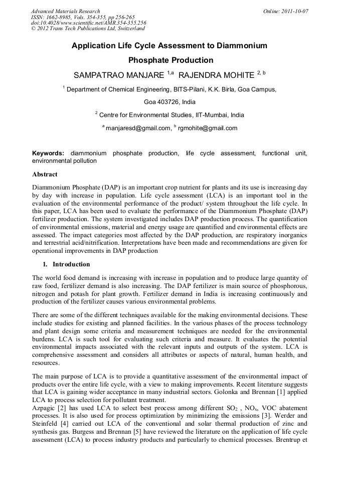 Application Life Cycle Assessment to Diammonium Phosphate Production | Scientific.Net