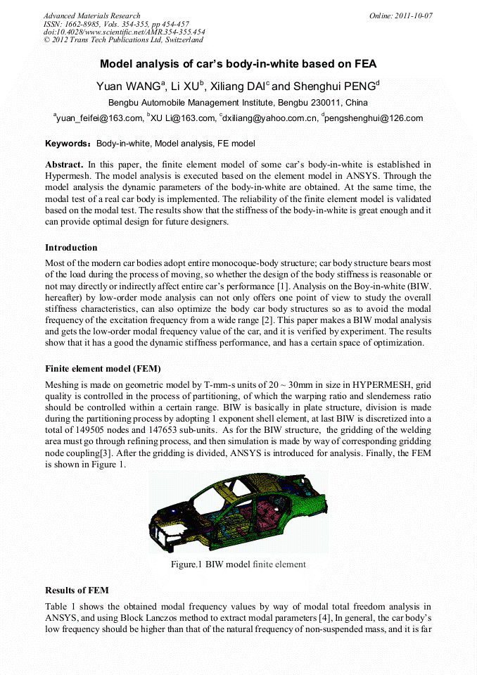Model Analysis of Car’s Body-in-White Based on FEA | Scientific.Net