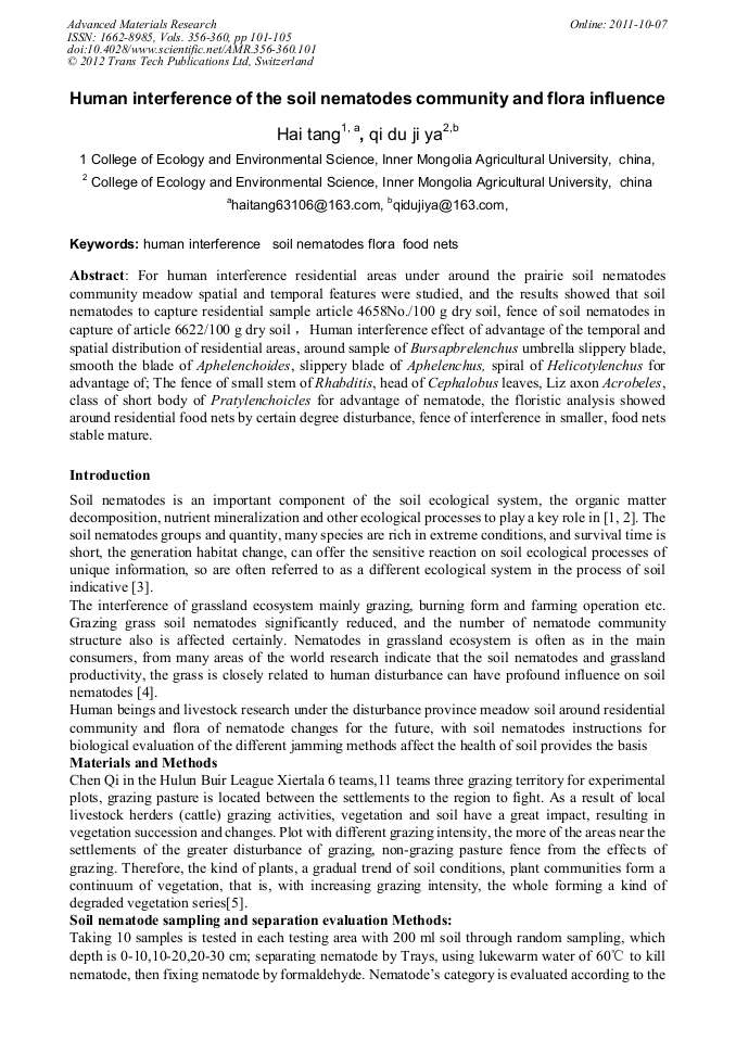 Human Interference of the Soil Nematodes Community and Flora Influence ...