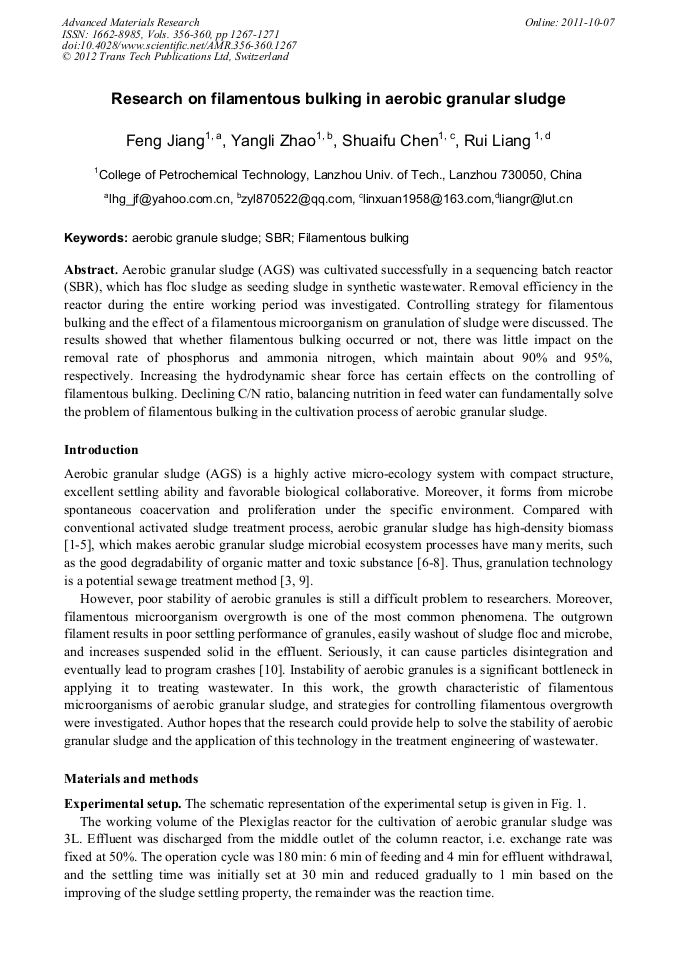 Research on Filamentous Bulking in Aerobic Granular Sludge | Scientific.Net