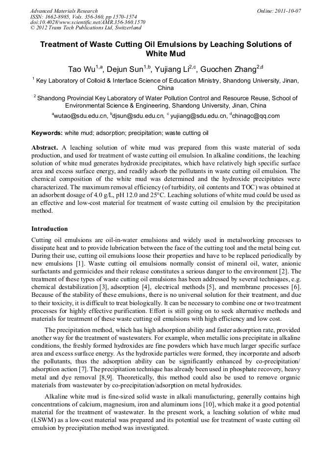Treatment of Waste Cutting Oil Emulsions by Leaching Solutions of White ...