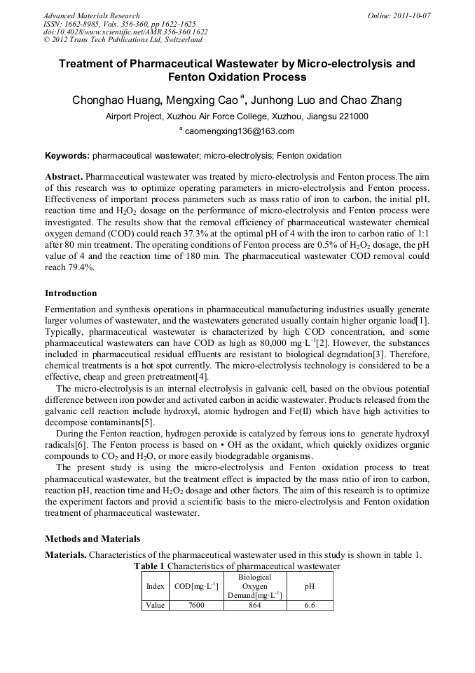 Treatment of Pharmaceutical Wastewater by Micro-Electrolysis and Fenton ...