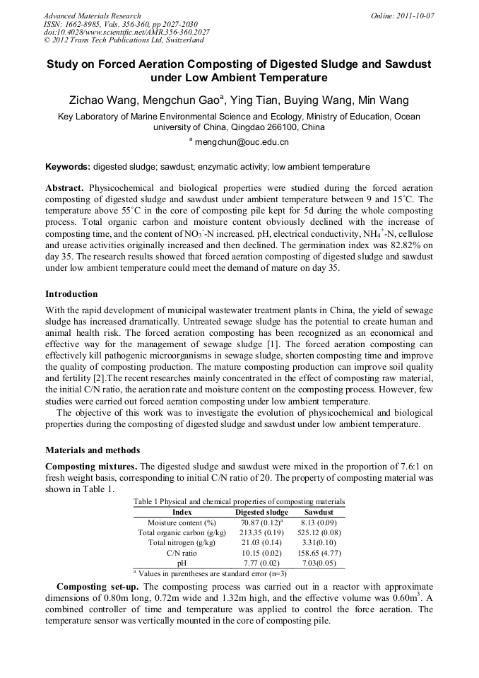 Study on Forced Aeration Composting of Digested Sludge and Sawdust ...