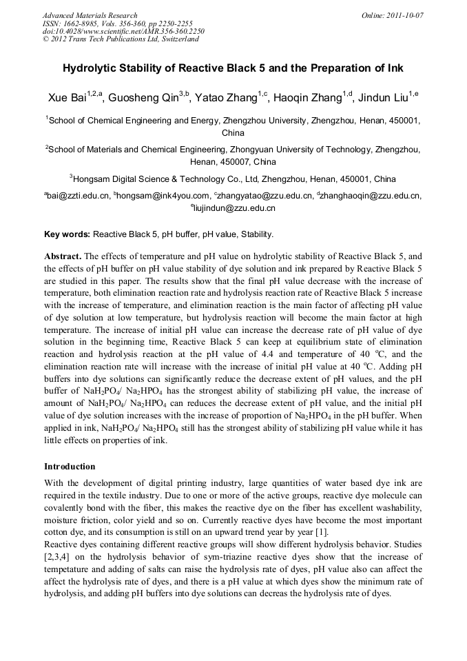 Hydrolytic Stability of Reactive Black 5 and the Preparation of Ink ...