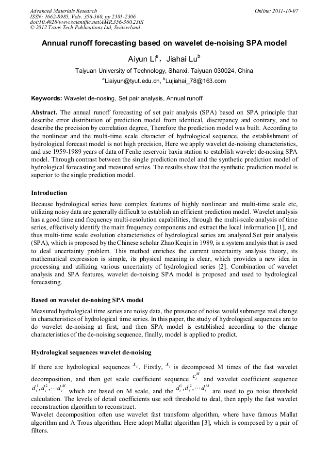 Annual Runoff Forecasting Based On Wavelet De Noising Spa Model Scientific Net