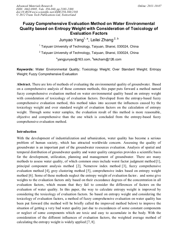 Fuzzy Comprehensive Evaluation Method on Water Environmental Quality ...
