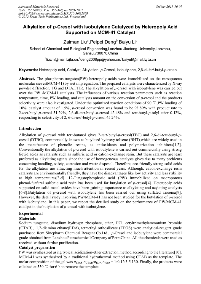 Alkylation of p-Cresol with Isobutylene Catalyzed by Heteropoly Acid ...
