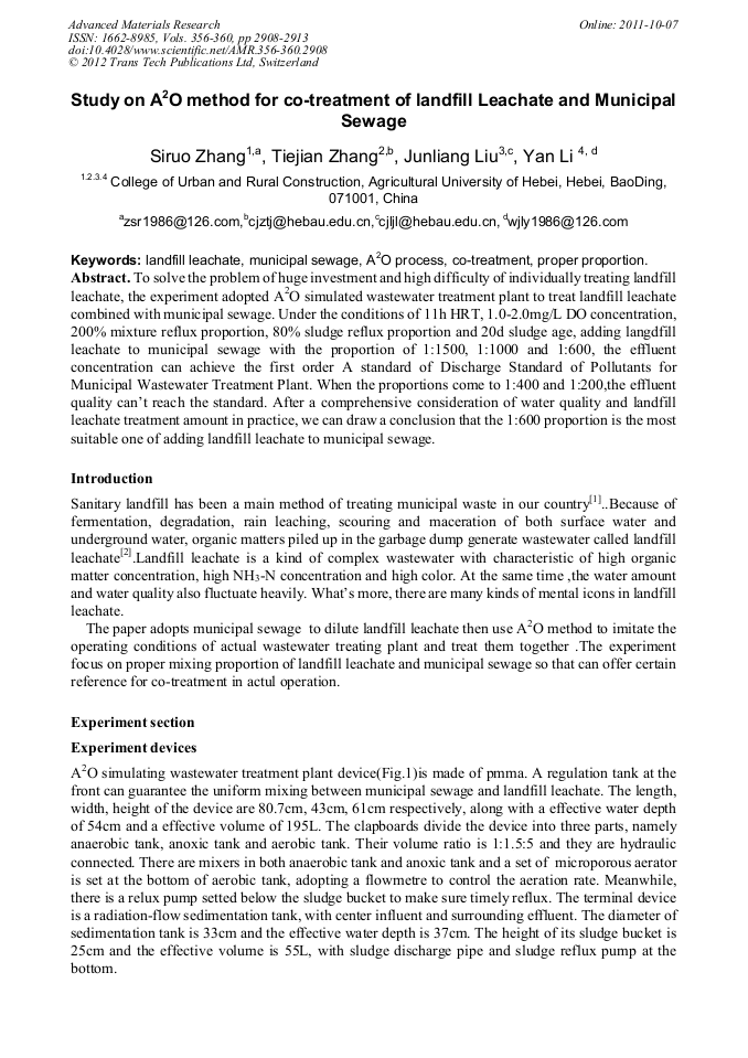 Study on A2O Method for Co-Treatment of Landfill Leachate and Municipal ...