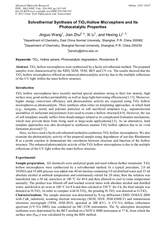 Solvothermal Synthesis of TiO2 Hollow Microsphere and Its ...