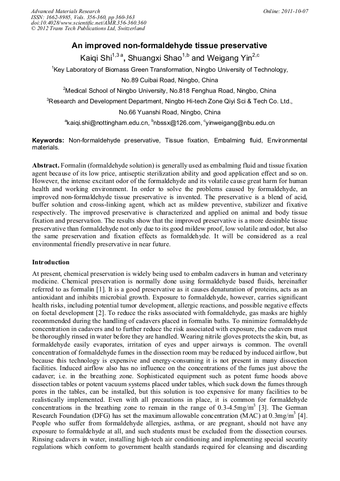 An Improved Non-Formaldehyde Tissue Preservative | Scientific.Net