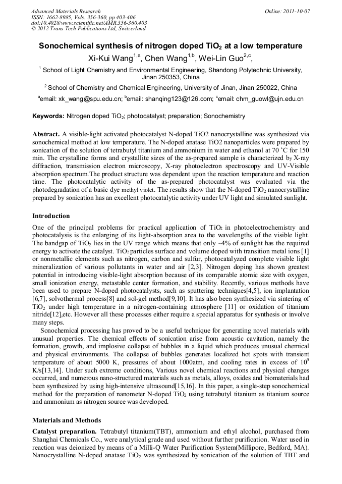 Sonochemical Synthesis of Nitrogen Doped TiO2 at a Low Temperature ...