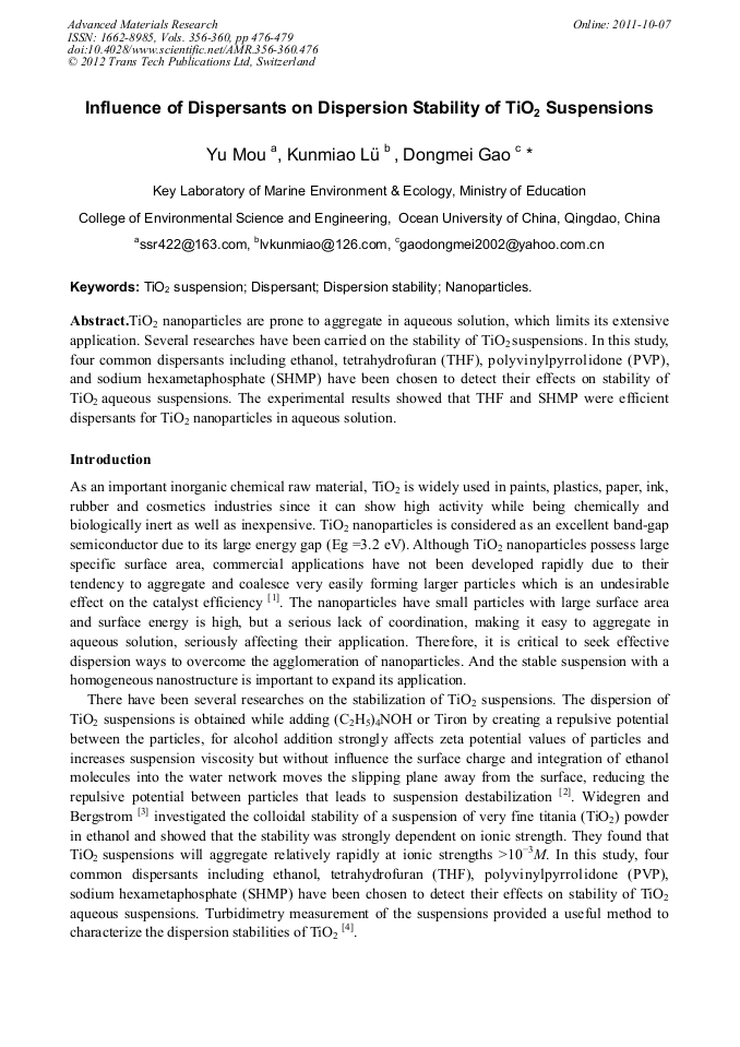 Influence of Dispersants on Dispersion Stability of TiO2 Suspensions ...