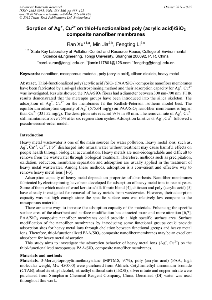 Sorption of Ag+, Cu2+ on Thiol-Functionalized Poly (Acrylic Acid)/SiO2 ...