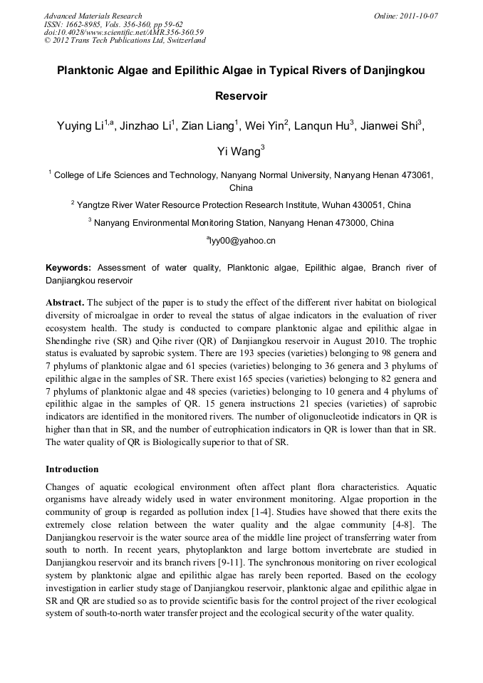 Planktonic Algae and Epilithic Algae in Typical Rivers of Danjingkou ...