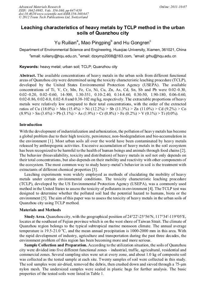 Leaching Characteristics of Heavy Metals by TCLP Method in the Urban ...