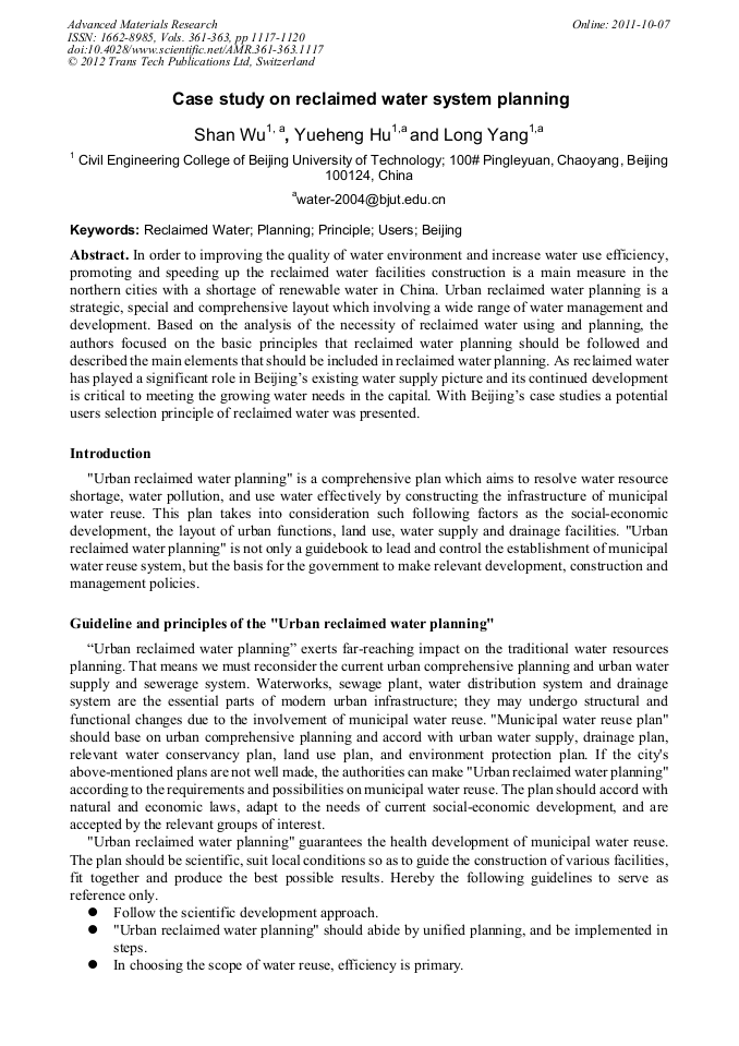 Case Study on Reclaimed Water System Planning | Scientific.Net