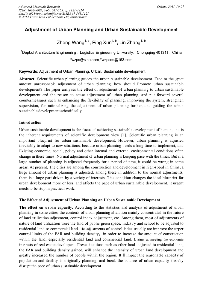 Adjustment of Urban Planning and Urban Sustainable Development ...