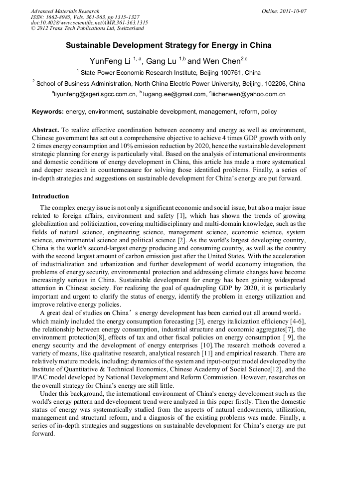 Sustainable Development Strategy for Energy in China | Scientific.Net