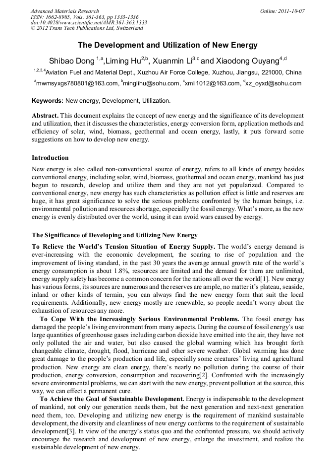 The Development and Utilization of New Energy | Scientific.Net