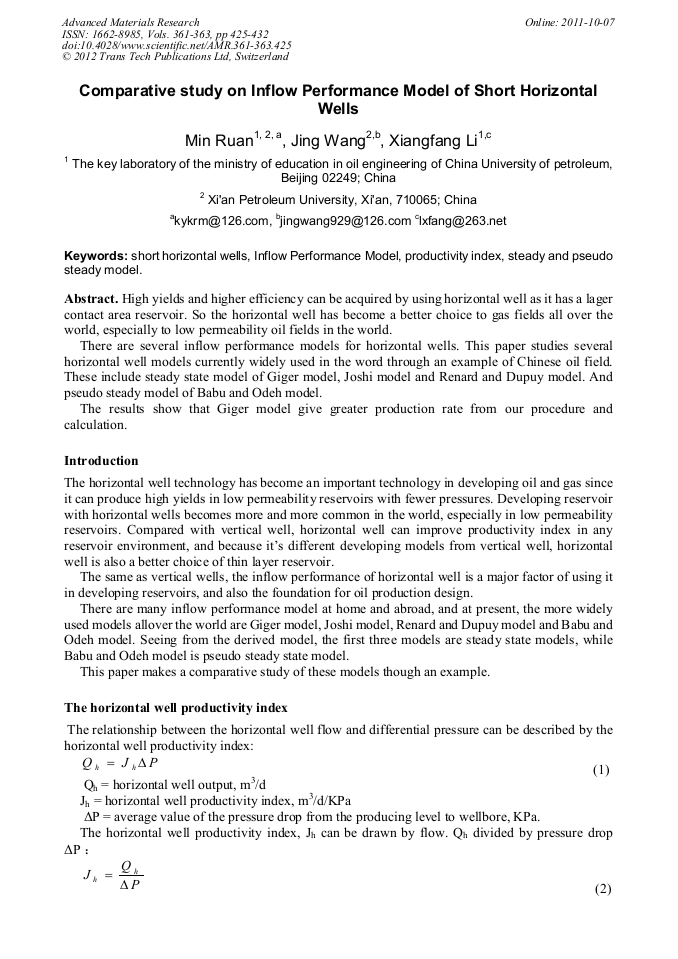 Comparative Study on Inflow Performance Model of Short Horizontal Wells ...