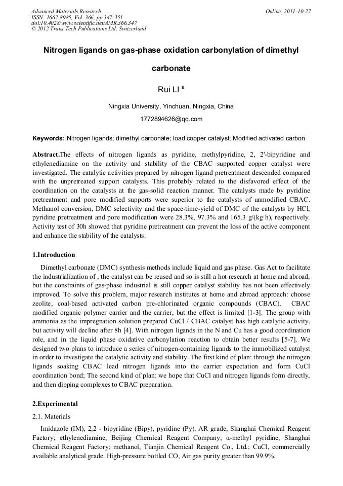 Nitrogen Ligands on Gas-Phase Oxidation Carbonylation of Dimethyl ...