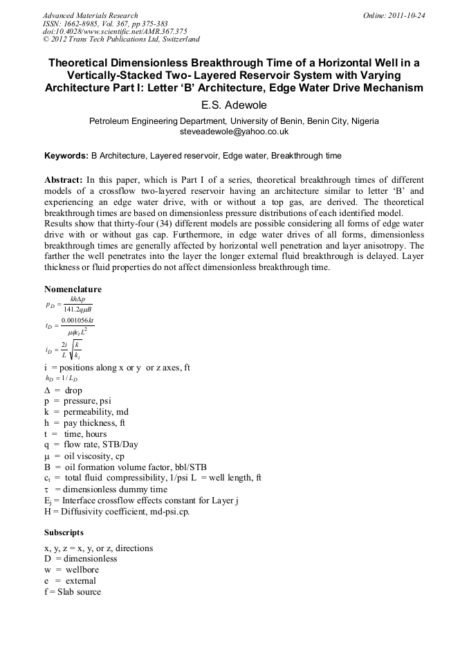 Theoretical Dimensionless Breakthrough Time of a Horizontal Well in a ...
