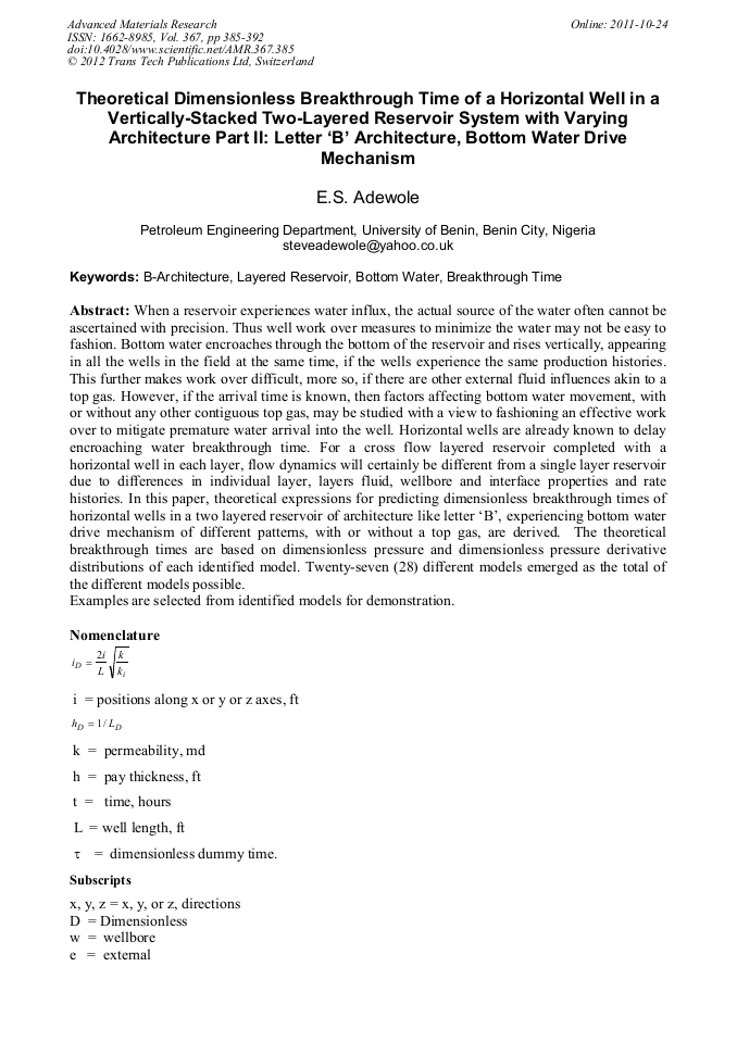 Theoretical Dimensionless Breakthrough Time of a Horizontal Well in a ...