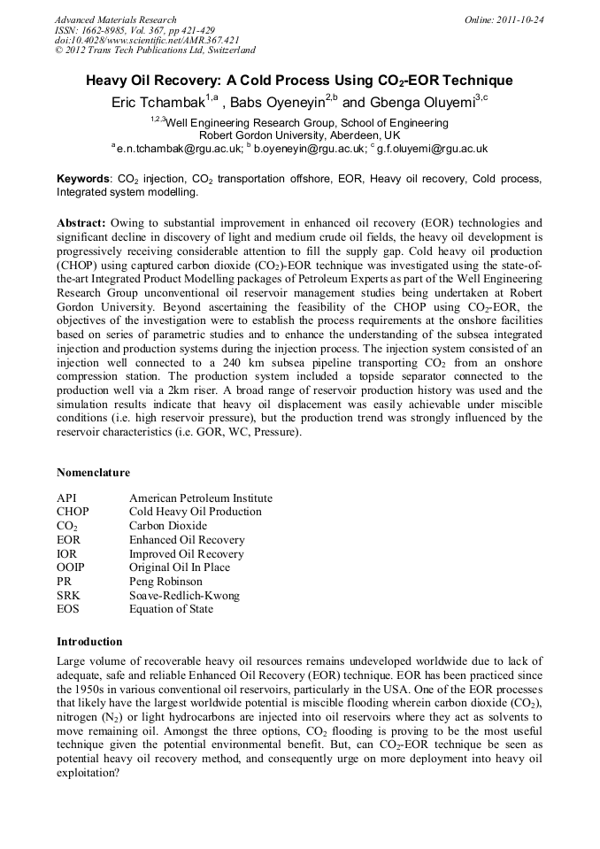 Heavy Oil Recovery: A Cold Process Using CO2-EOR Technique | Scientific.Net