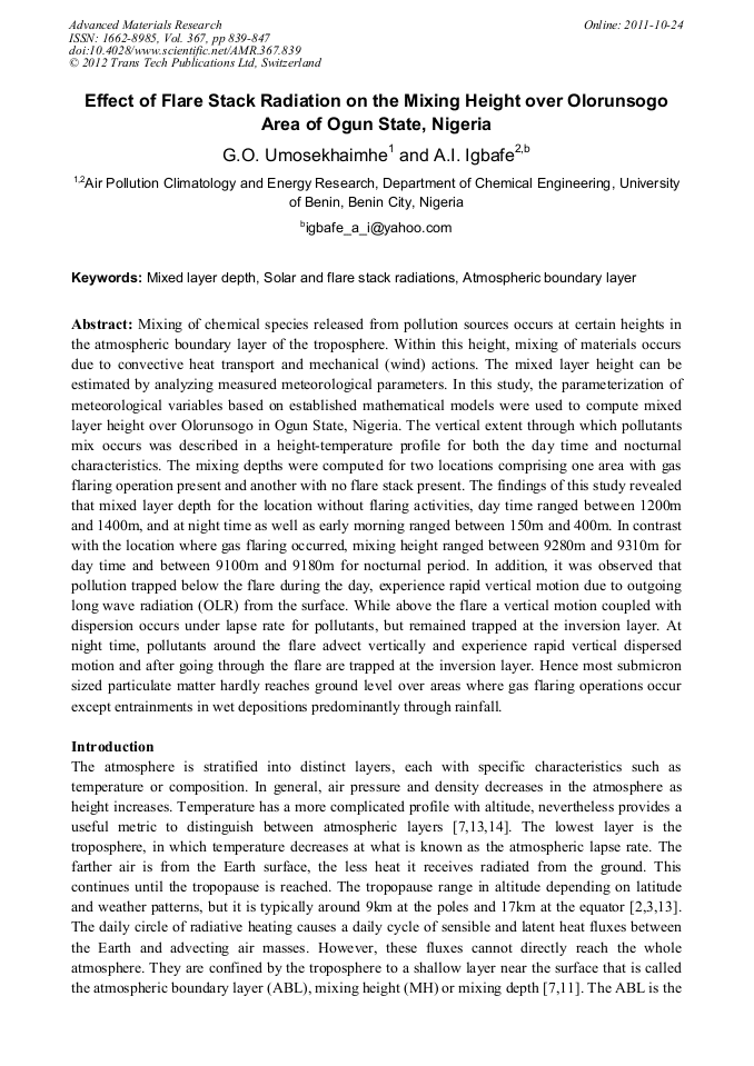 Effect of Flare Stack Radiation on the Mixing Height over Olorunsogo ...