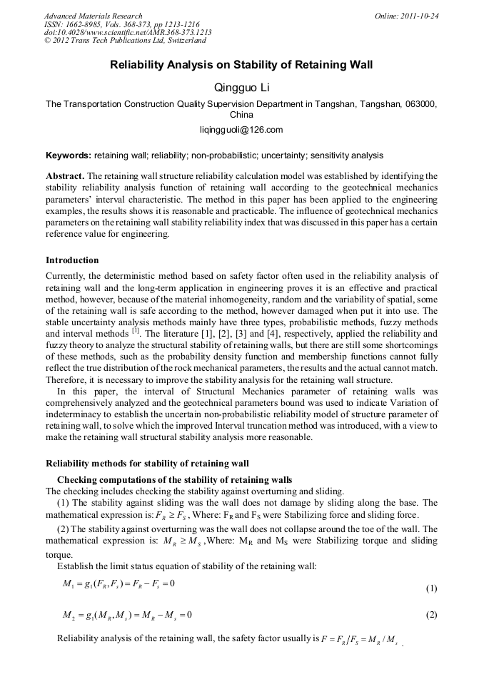 Reliability Analysis on Stability of Retaining Wall | Scientific.Net