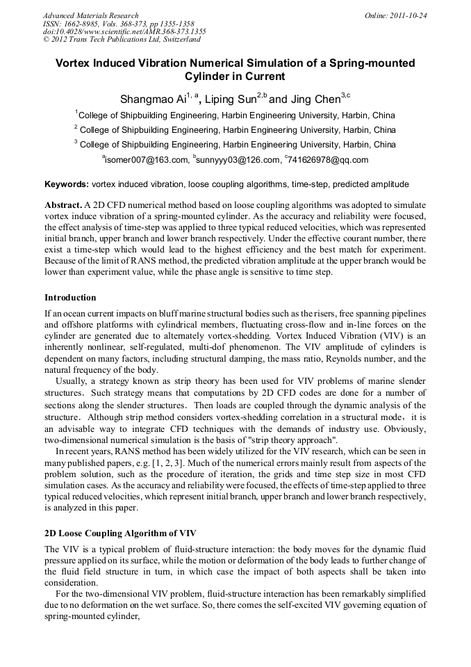 Vortex Induced Vibration Numerical Simulation of a Spring-Mounted ...
