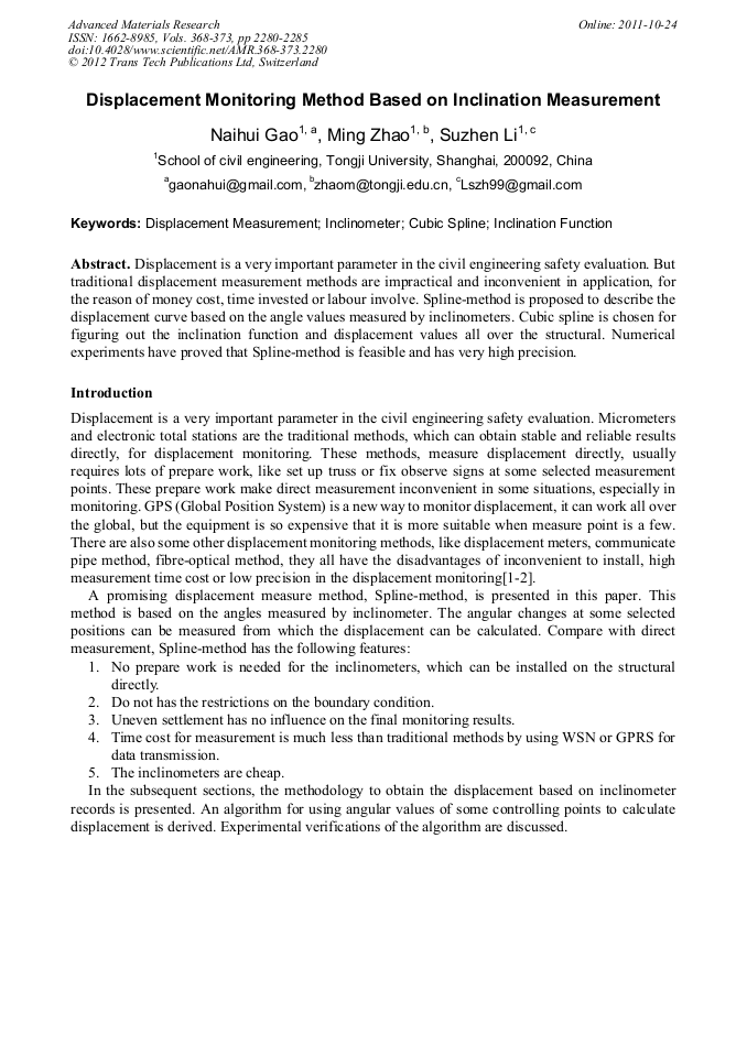 Displacement Monitoring Method Based on Inclination Measurement ...