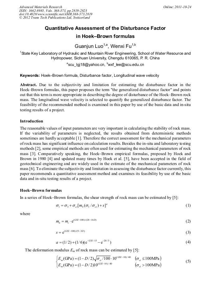 Quantitative Assessment of the Disturbance Factor in Hoek–Brown ...