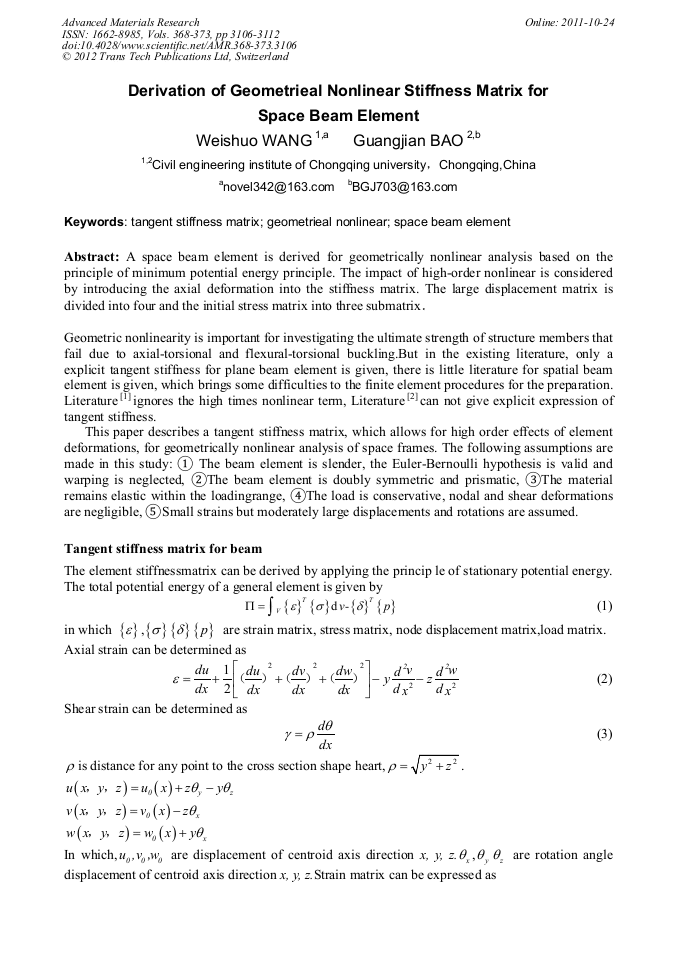 Derivation of Geometrieal Nonlinear Stiffness Matrix for Space Beam ...