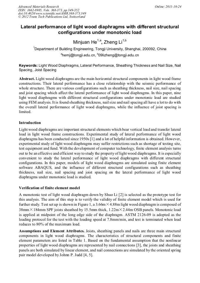 Lateral Performance of Light Wood Diaphragms with Different Structural ...