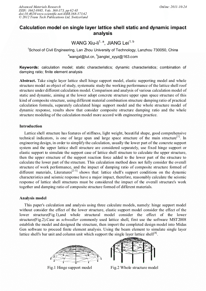 Calculation Model on Single Layer Lattice Shell Static and Dynamic ...