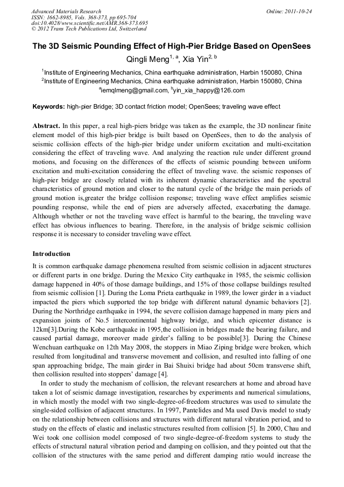 The 3D Seismic Pounding Effect of High-Pier Bridge Based on OpenSees ...