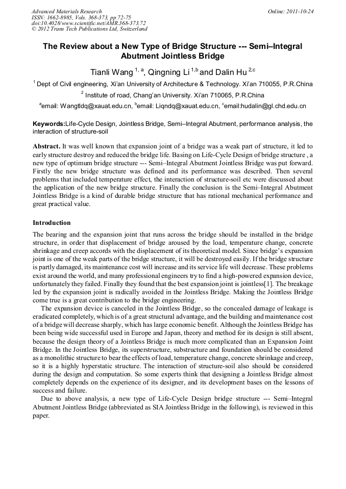 The Review about a New Type of Bridge Structure — Semi–Integral ...